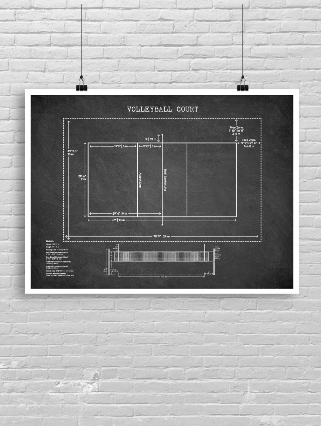 VOLLEYBALL Court Horizontal Poster, Volleyball Court Diagram, Vintage ...