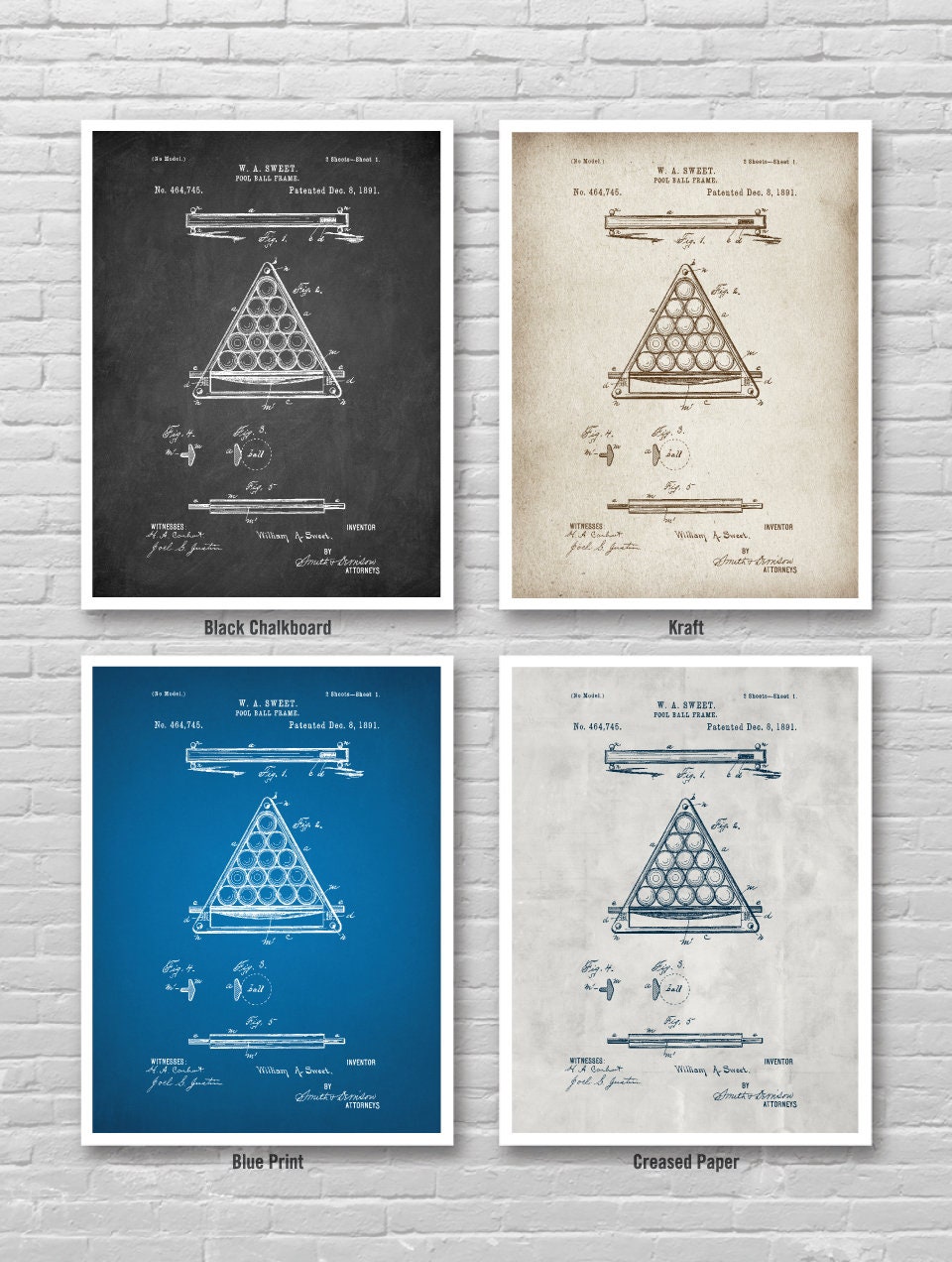 Billiard Pool 4 Poster Set, Pool Ball Frame, Pool Cue, Billiard Table ...