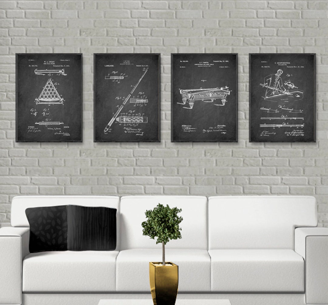 Billiard Pool 4 Poster Set, Pool Ball Frame, Pool Cue, Billiard Table ...