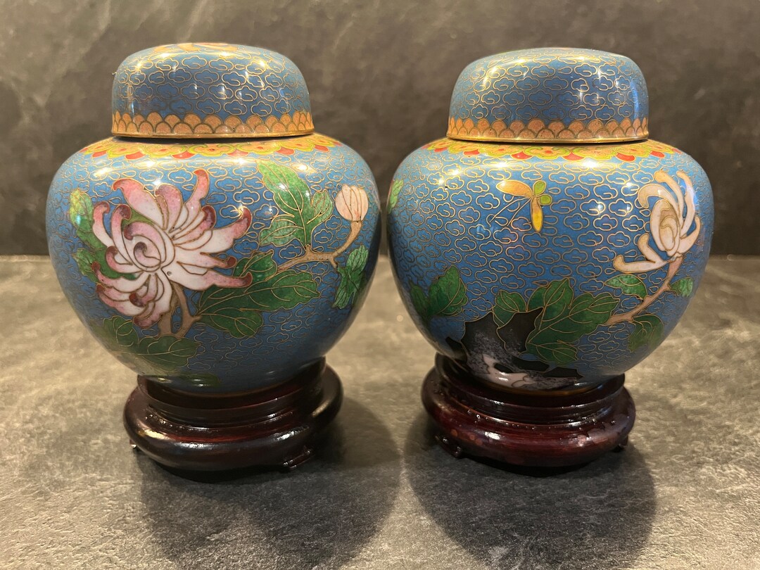 Pair of Antique Chinese Cloisonné Ginger Jars With Lids & Carved Wooden ...