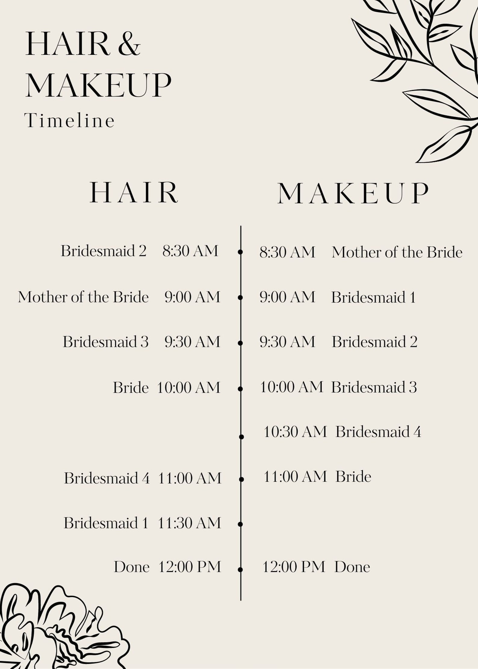 Minimalist Wedding Hair & Makeup Timeline Template - Etsy