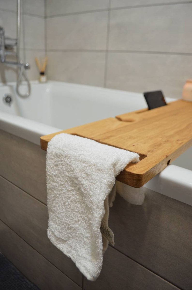 Oak Bath Caddy Bath Tray With Wine Glass Towel and Phone - Etsy