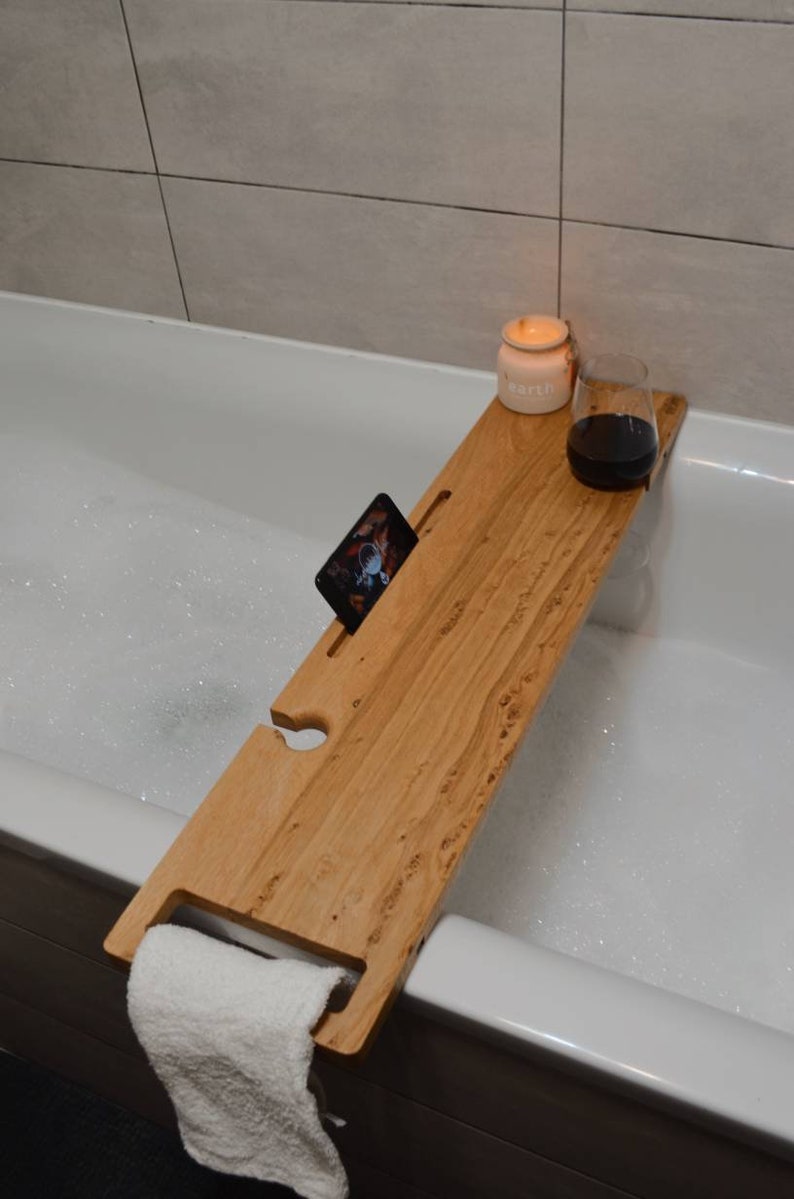 Oak Bath Caddy Bath Tray With Wine Glass Towel and Phone - Etsy