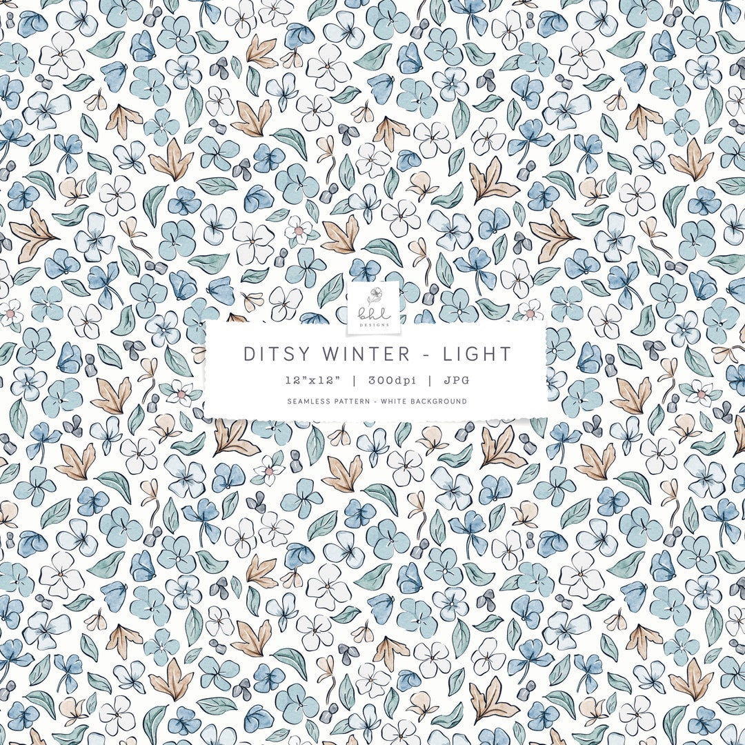 Ditsy Winter Floral With a White Background, Blue Flowers, Cute, Fun ...