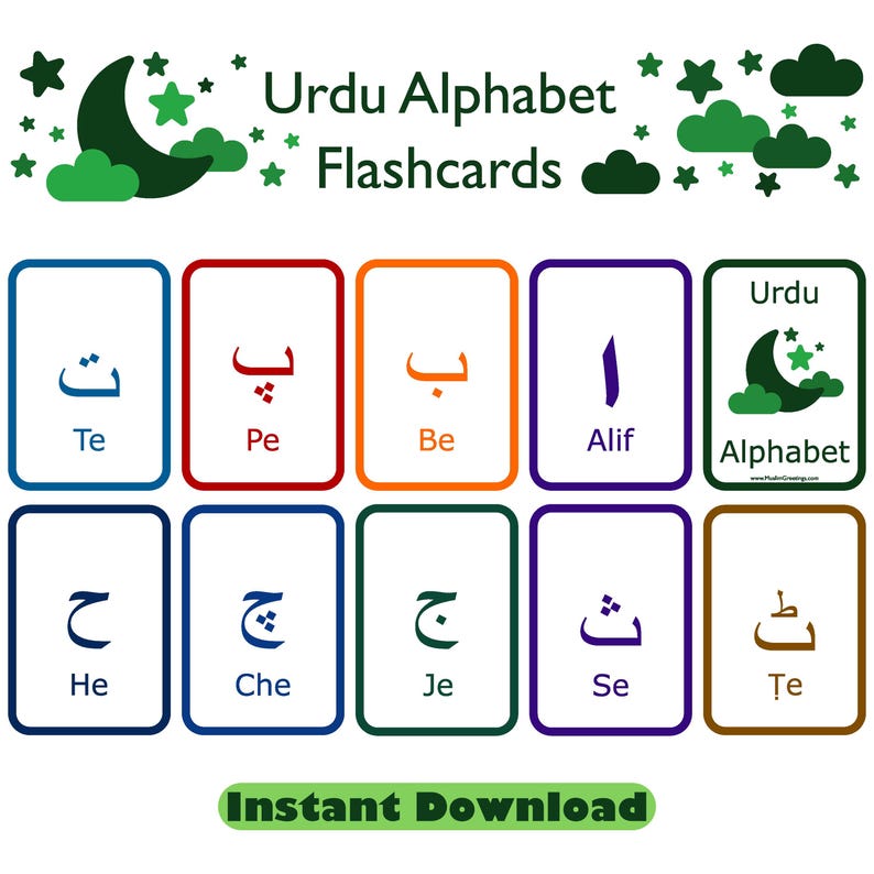 Urdu Alphabet Flashcards, Printable Learning Cards (digital Download ...