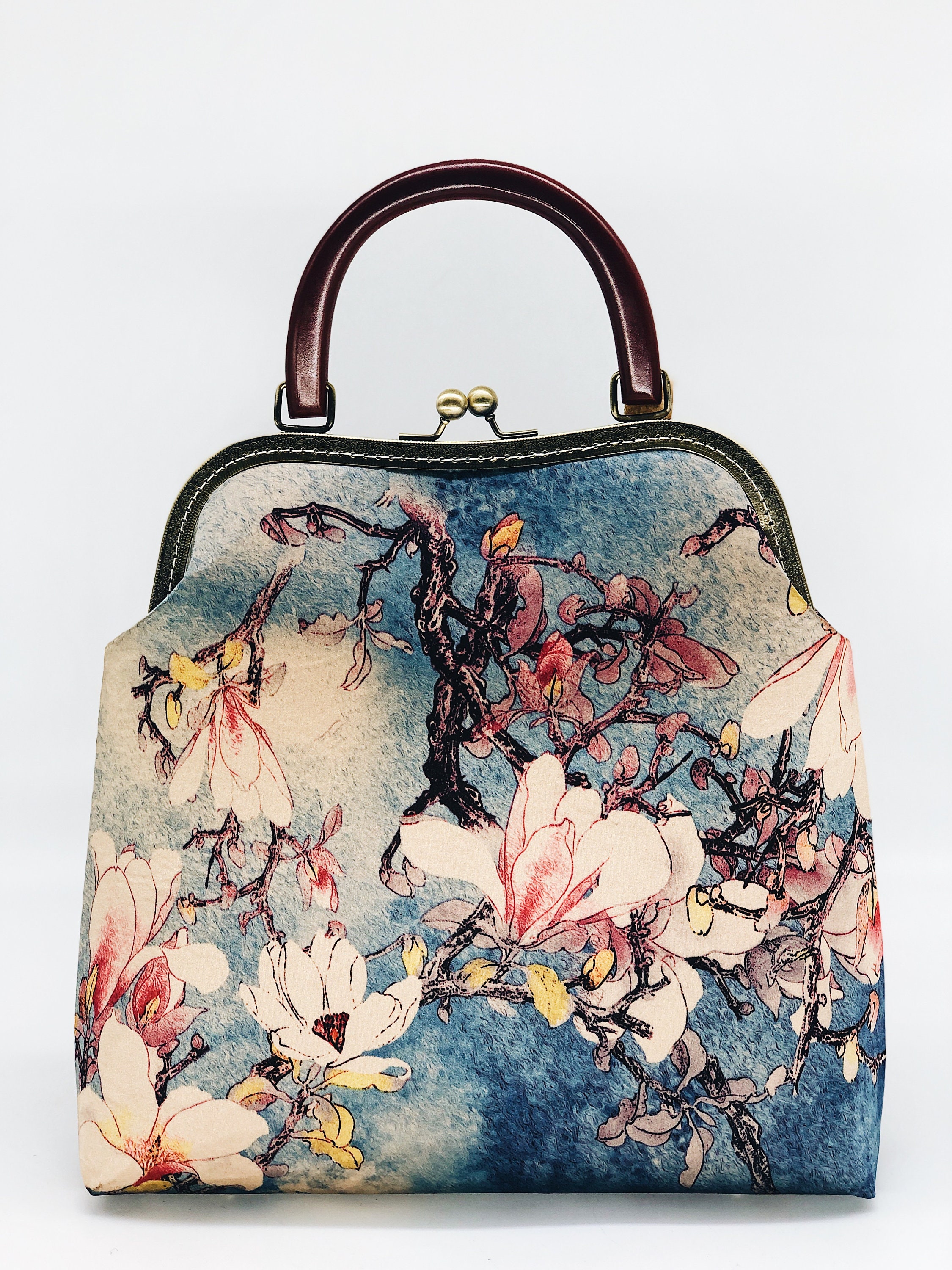 Magnolia Kiss Lock Bag With Floral Pattern Blue White - Etsy