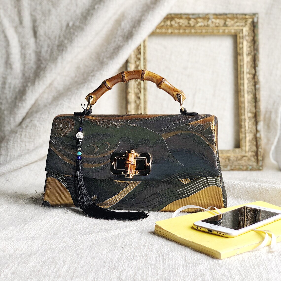 Japanese Style Trendy Purse With Gold Ocean Waves Pattern - Etsy