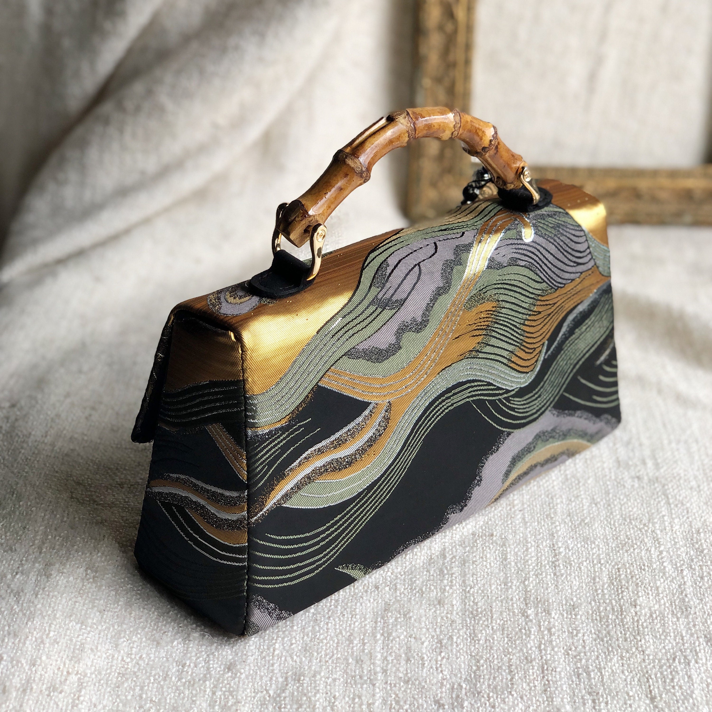 Japanese Style Trendy Purse With Gold Ocean Waves Pattern - Etsy