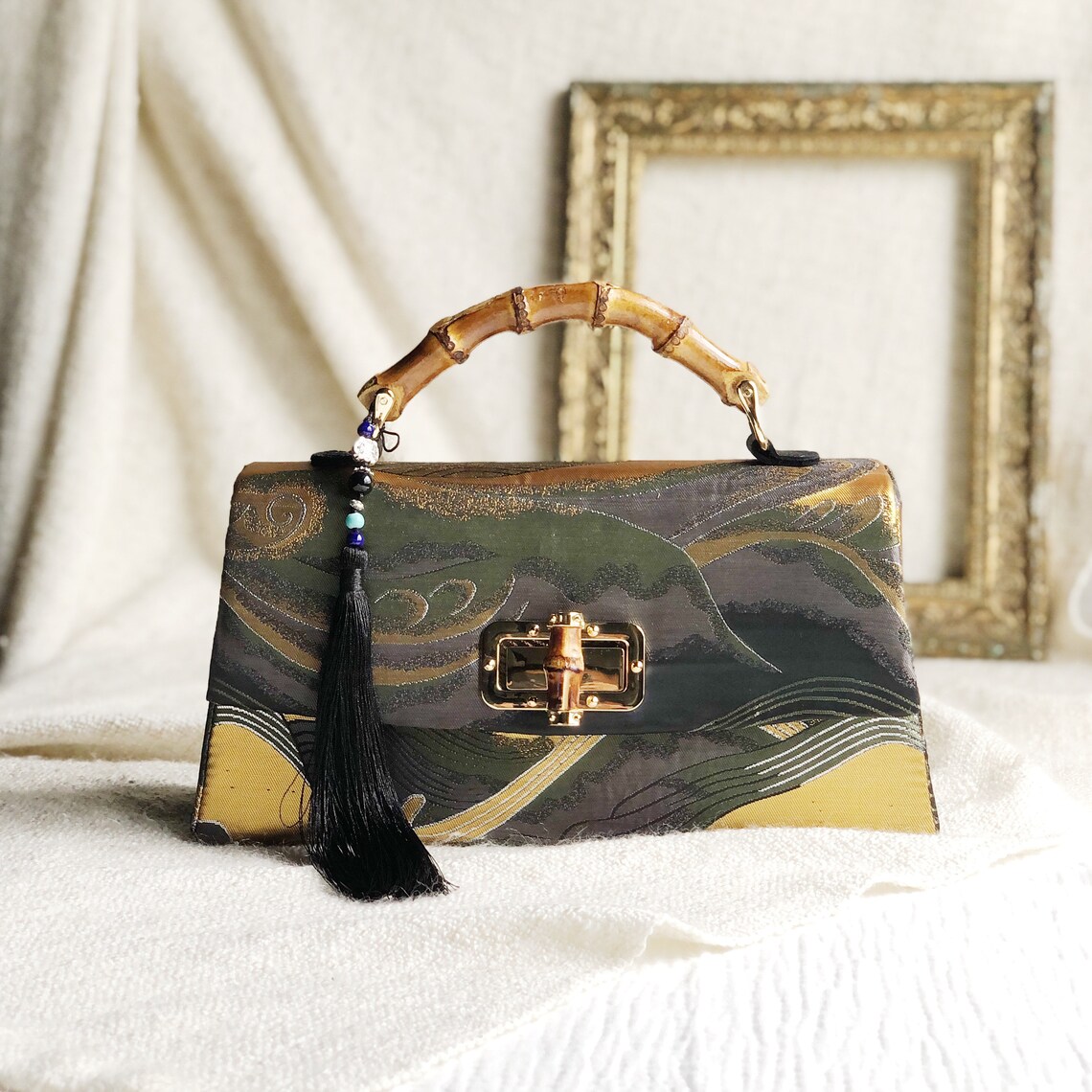 Japanese Style Trendy Purse With Gold Ocean Waves Pattern - Etsy