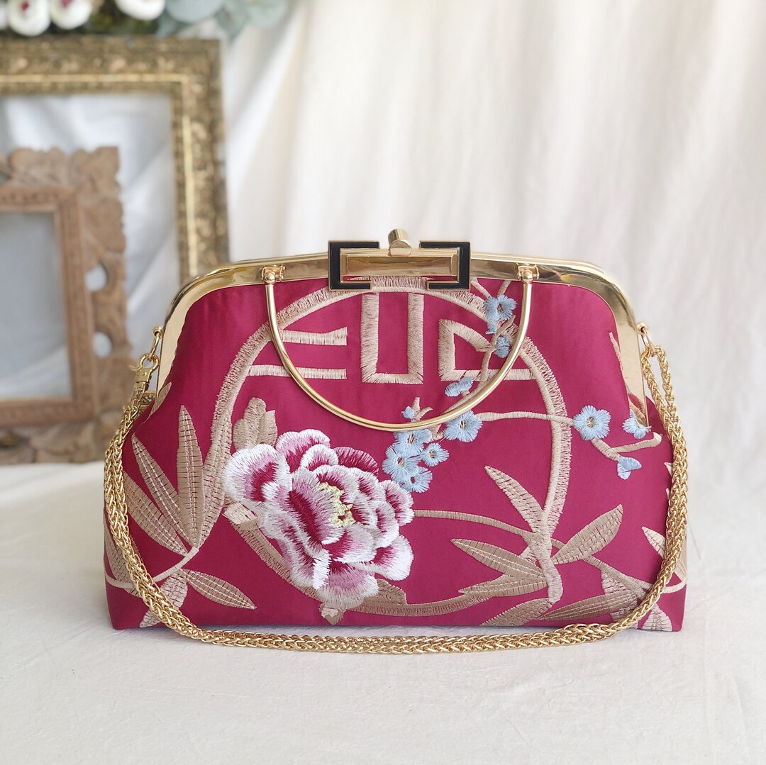 Hot Pink Handbag With Peony and Bamboo Leaf Embroidery Pattern, High ...