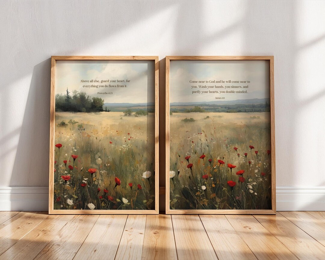 Bible Verse Print Set: Neutral Wildflower Landscape, Christian Wall Art ...