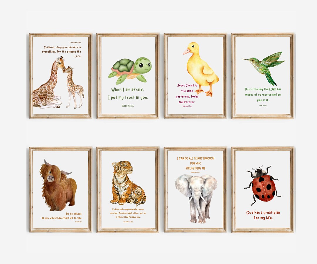 Set of 8 Kids Christian Wall Art, Kids Bible Verse, Scripture Poster ...