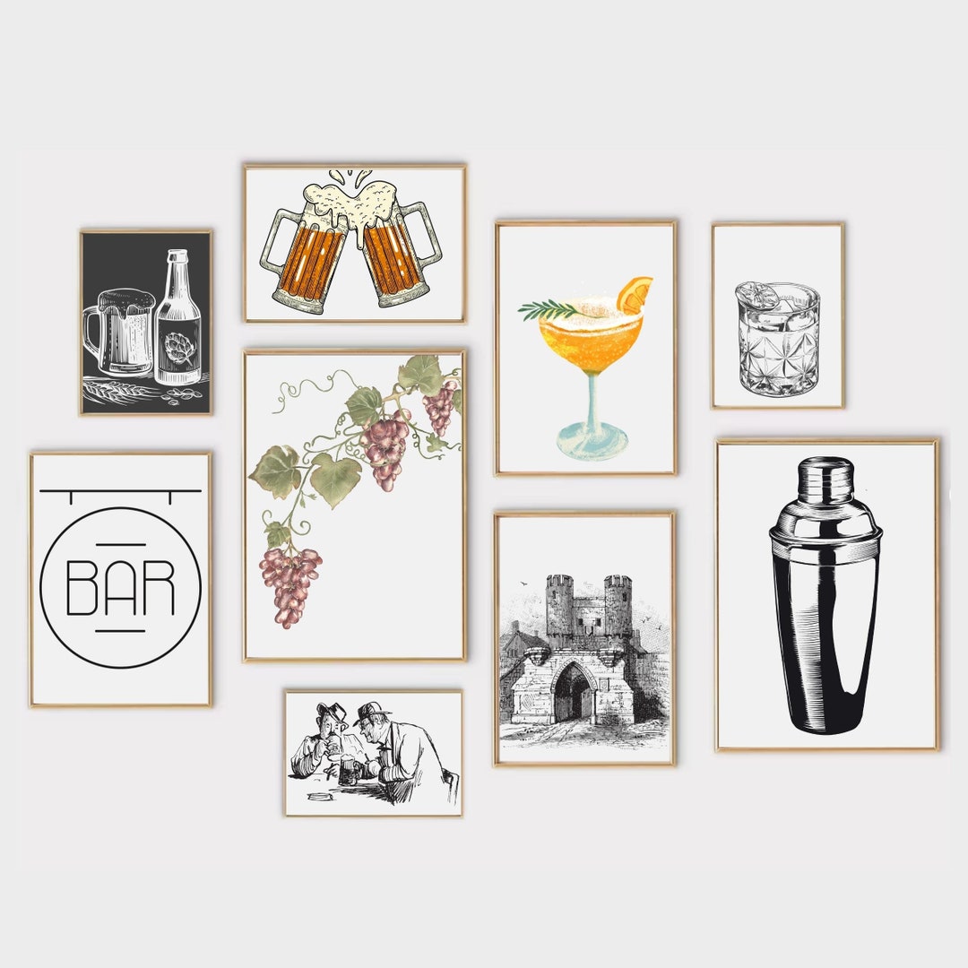 Bar Gallery Wall Set of 9 Prints, Bar Cart Art, Wine Print, Bar Prints ...