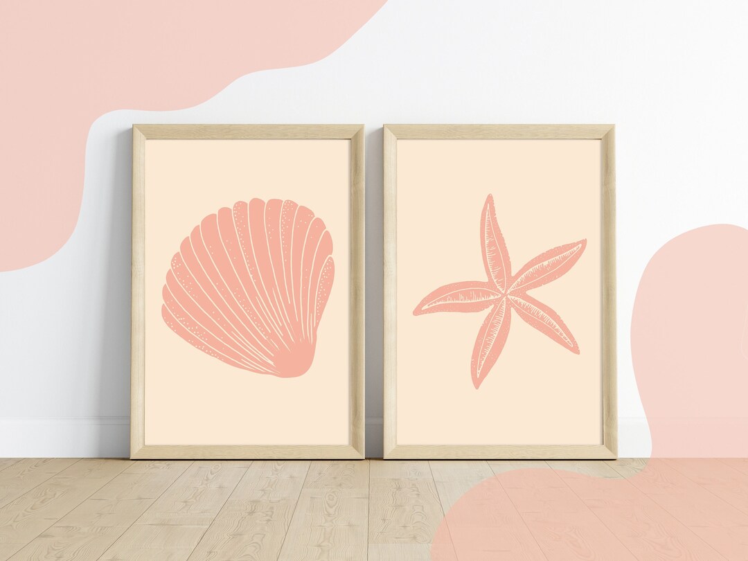 Set of Two Beach Prints, Shell and Starfish Boho Beach Ocean Theme Wall ...