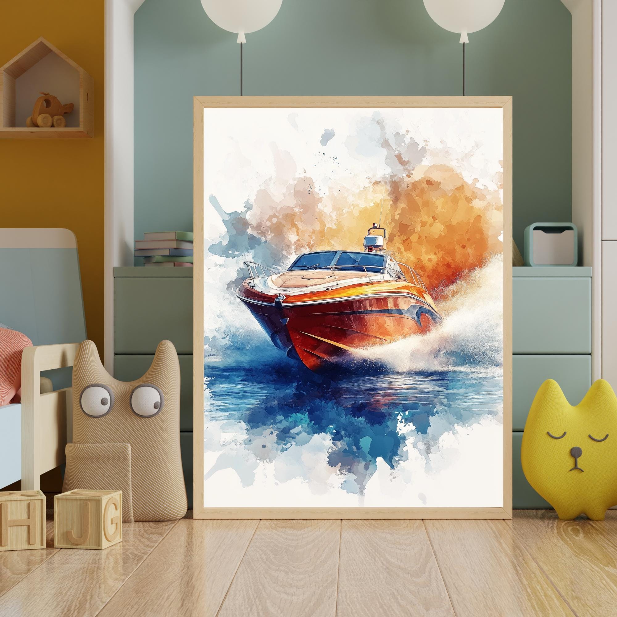 Speed Boat Watercolor Poster Print, Nautical Wall Art, Coastal Decor ...