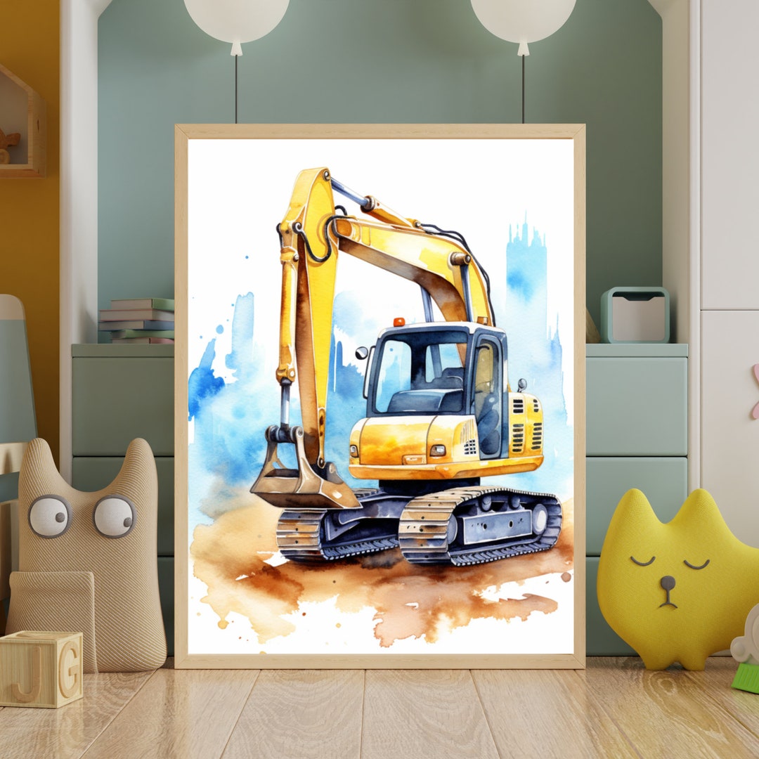 Yellow Excavator Poster, Fun Construction Vehicle Art Print for Nursery ...