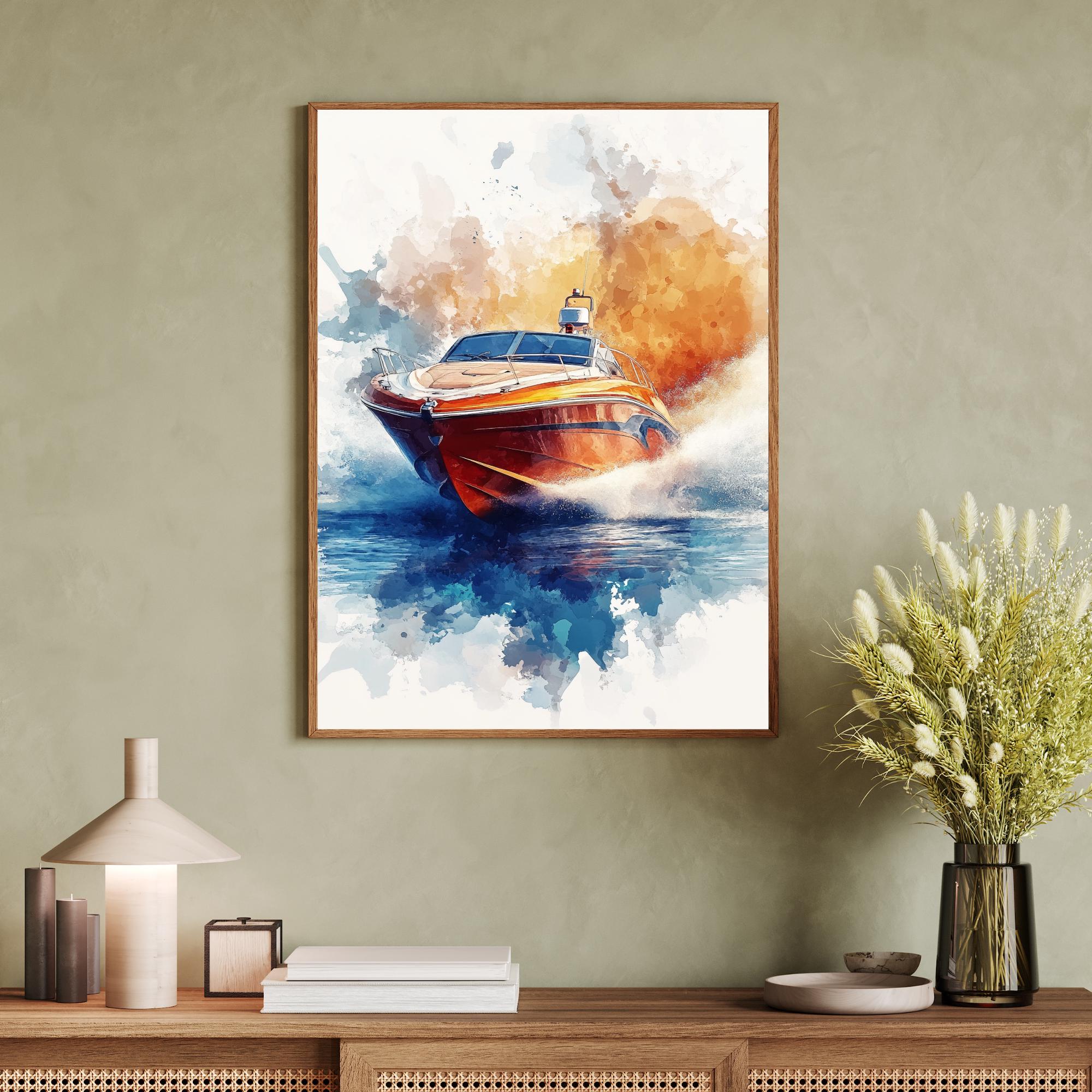 Speed Boat Watercolor Poster Print, Nautical Wall Art, Coastal Decor ...