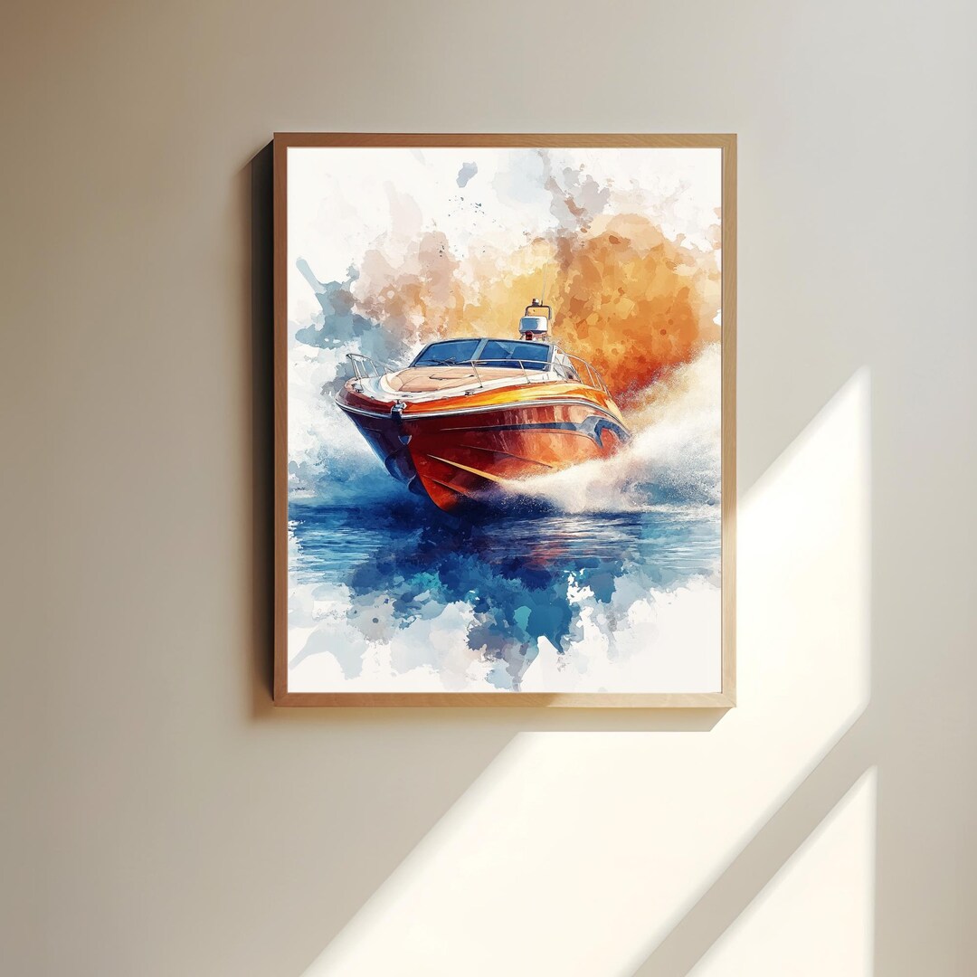 Speed Boat Watercolor Poster Print, Nautical Wall Art, Coastal Decor ...