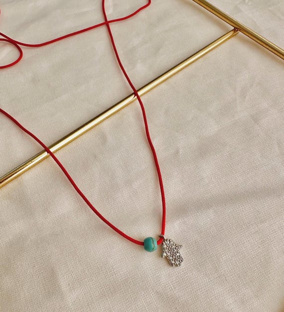 Hamsa Turquoise Stone Red String Necklace 925 Sterling Silver