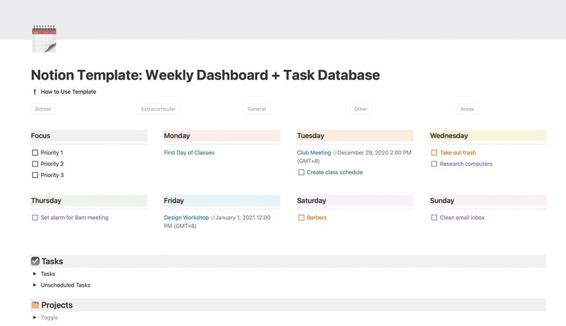 Notion Template Weekly Dashboard & Tasks - Etsy