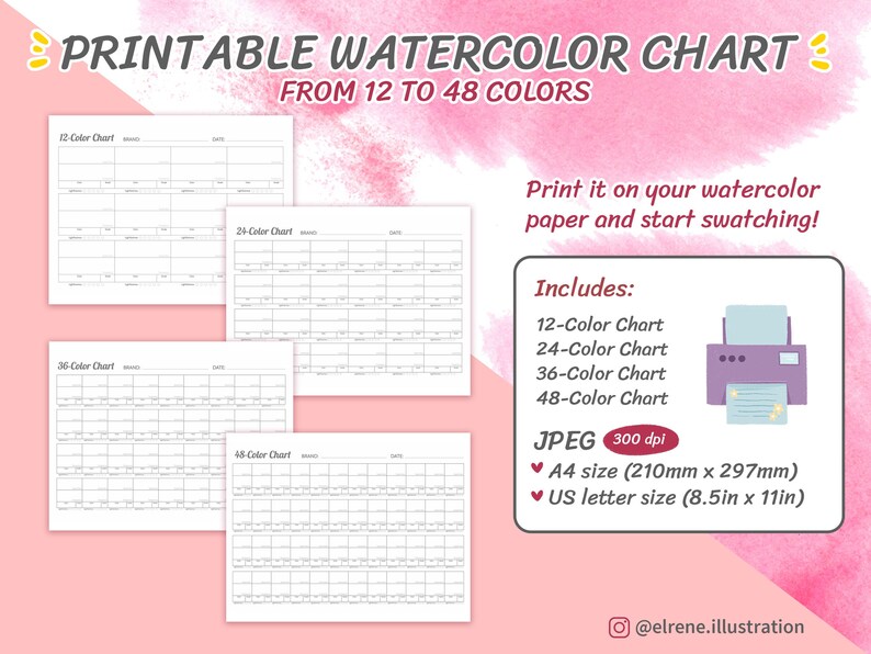 Printable Watercolor Chart- 12/24/36/48 Color Chart | Digital Download ...