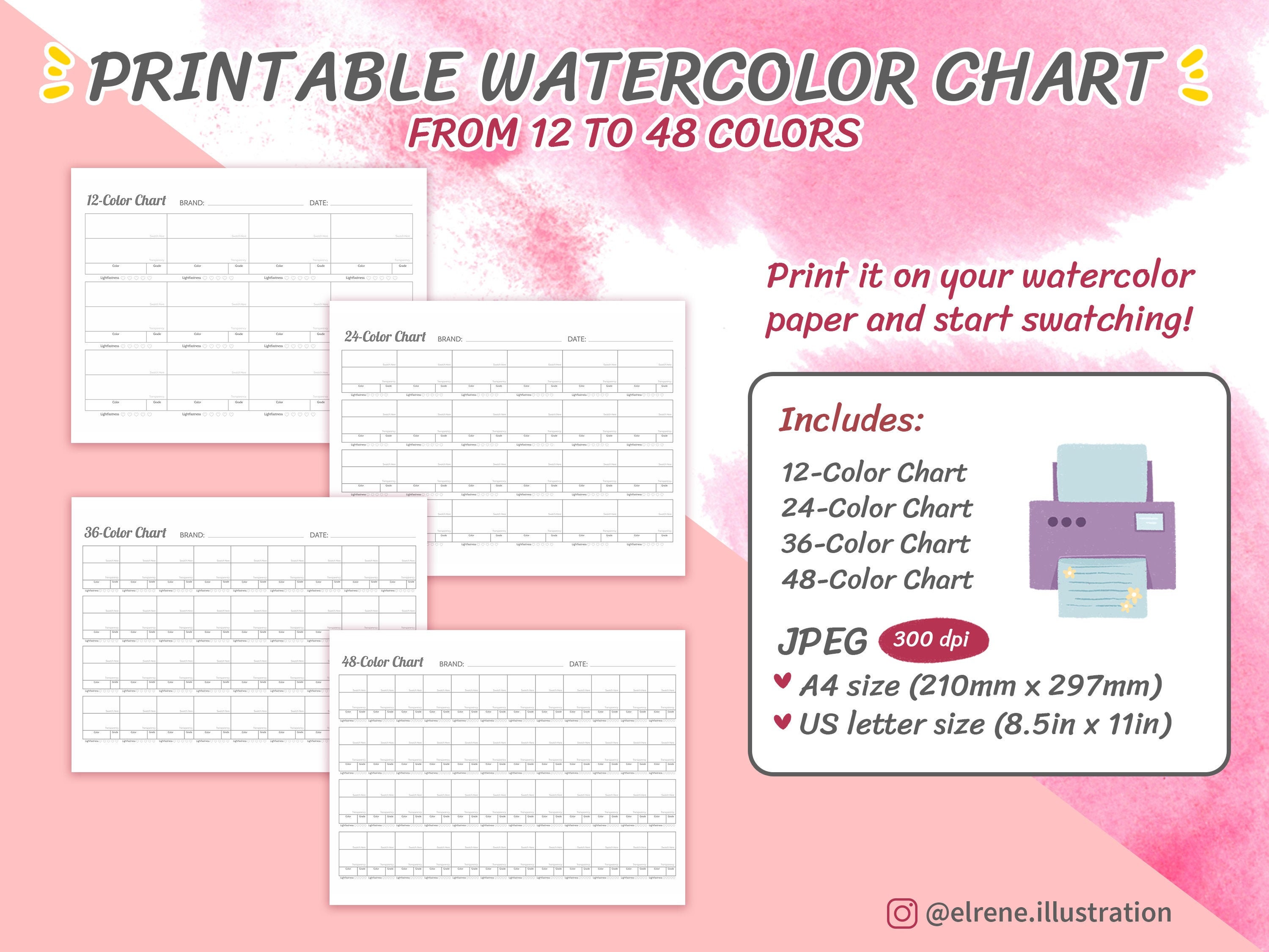 Printable Watercolor Chart- 12/24/36/48 Color Chart | Digital Download ...