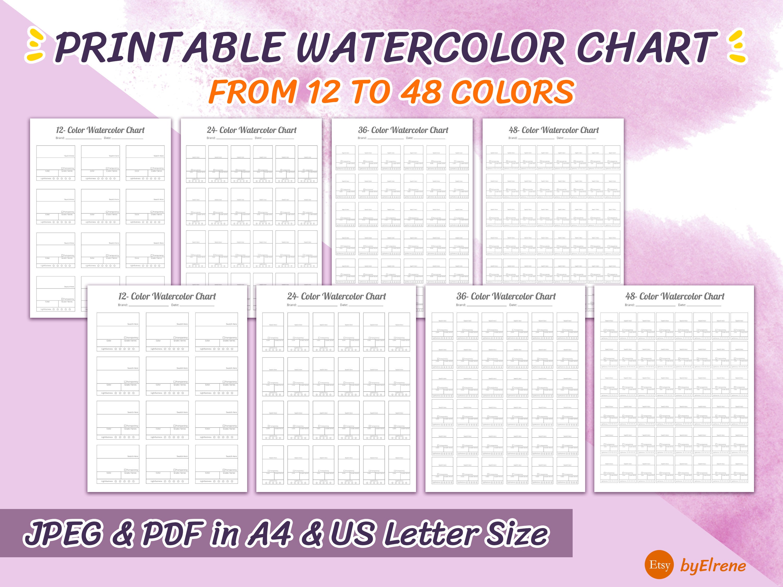 Printable Watercolor Chart-12/24/36/48 Portrait/vertical Style ...