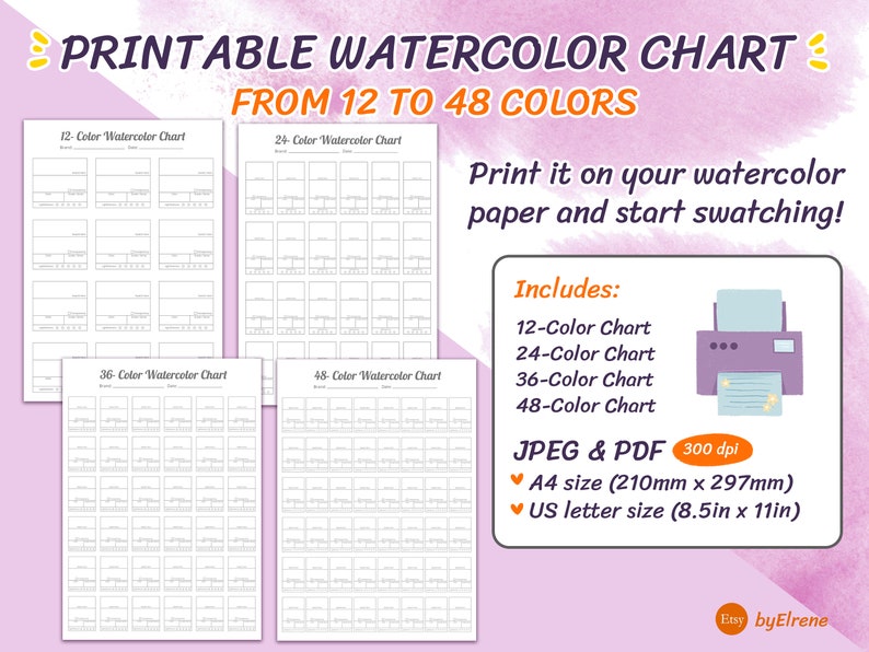 Printable Watercolor Chart-12/24/36/48 Portrait/vertical Style ...