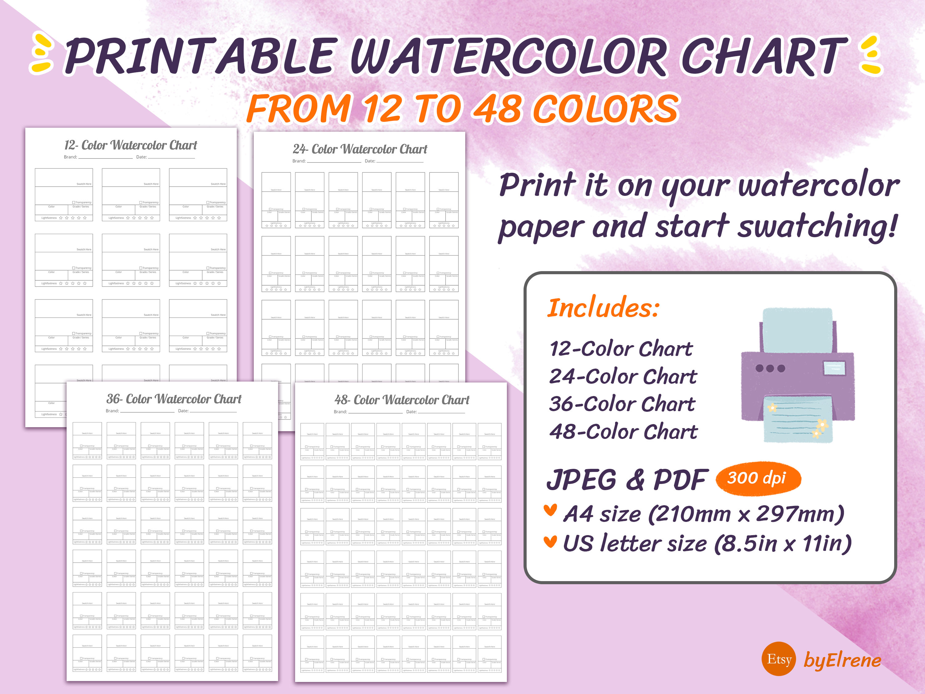 Printable Watercolor Chart-12/24/36/48 Portrait/vertical Style ...