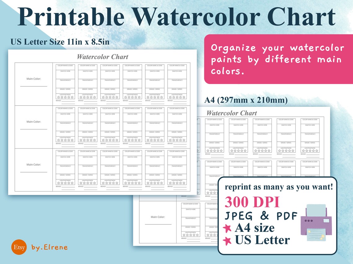 Printable Watercolor Chart-organize Your Paint by Different Main Colors ...