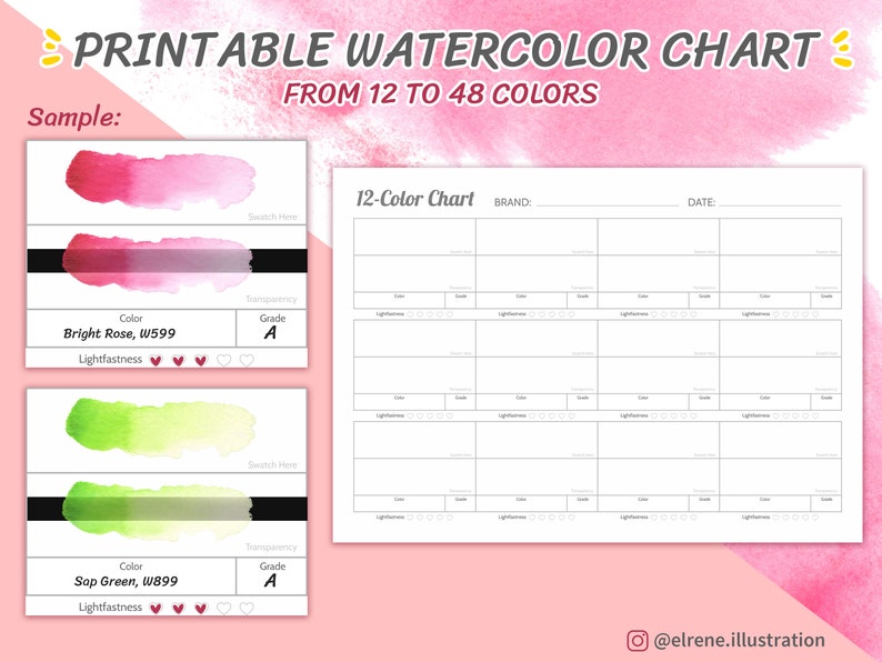 Printable Watercolor Chart- 12/24/36/48 Color Chart | Digital Download ...