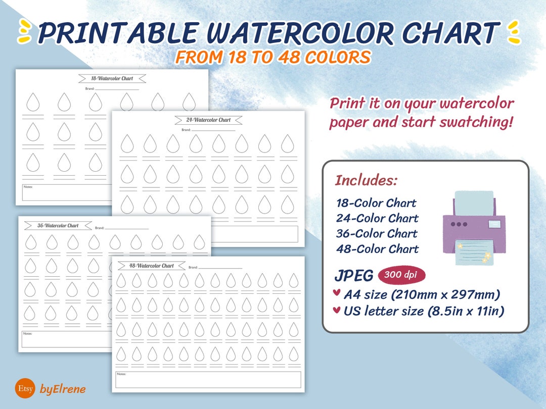 Printable Watercolor Chart 18/24/36/48 Color Chart Digital Download ...