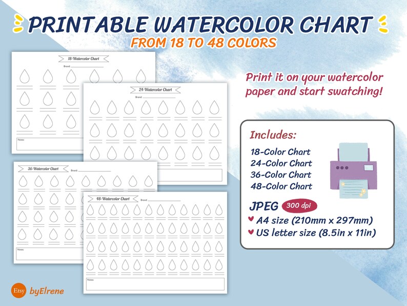 Printable Watercolor Chart 18/24/36/48 Color Chart Digital Download ...