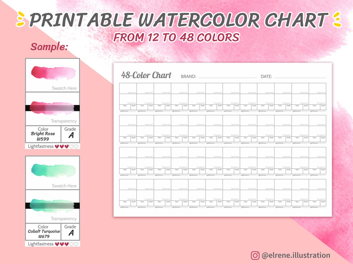 Printable Watercolor Chart 12/24/36/48 Color Chart Digital Download ...