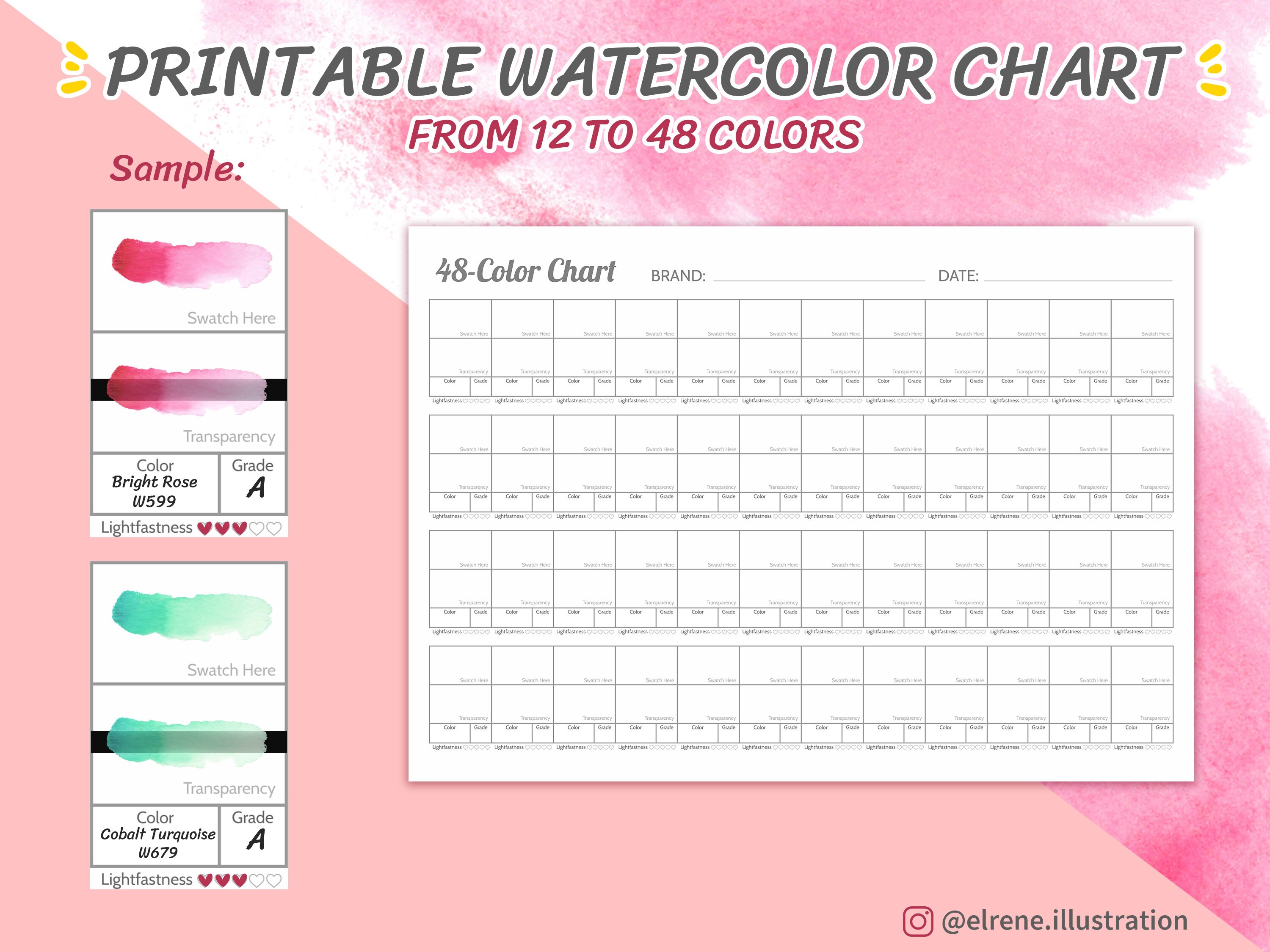 Printable Watercolor Chart- 12/24/36/48 Color Chart | Digital Download ...