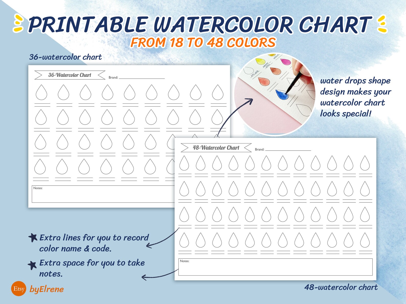 Printable Watercolor Chart 18/24/36/48 Color Chart Digital Download ...