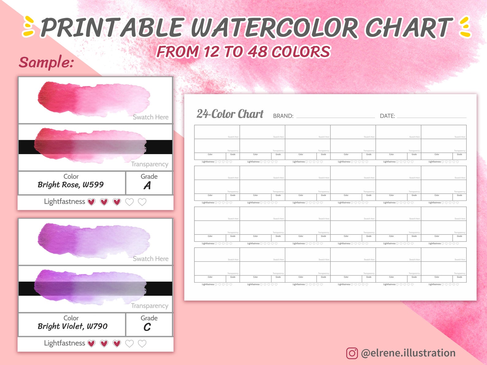 Printable Watercolor Chart- 12/24/36/48 Color Chart | Digital Download ...