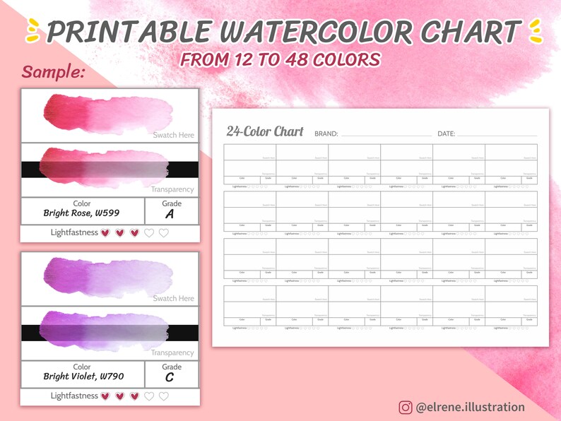 Printable Watercolor Chart- 12/24/36/48 Color Chart | Digital Download ...