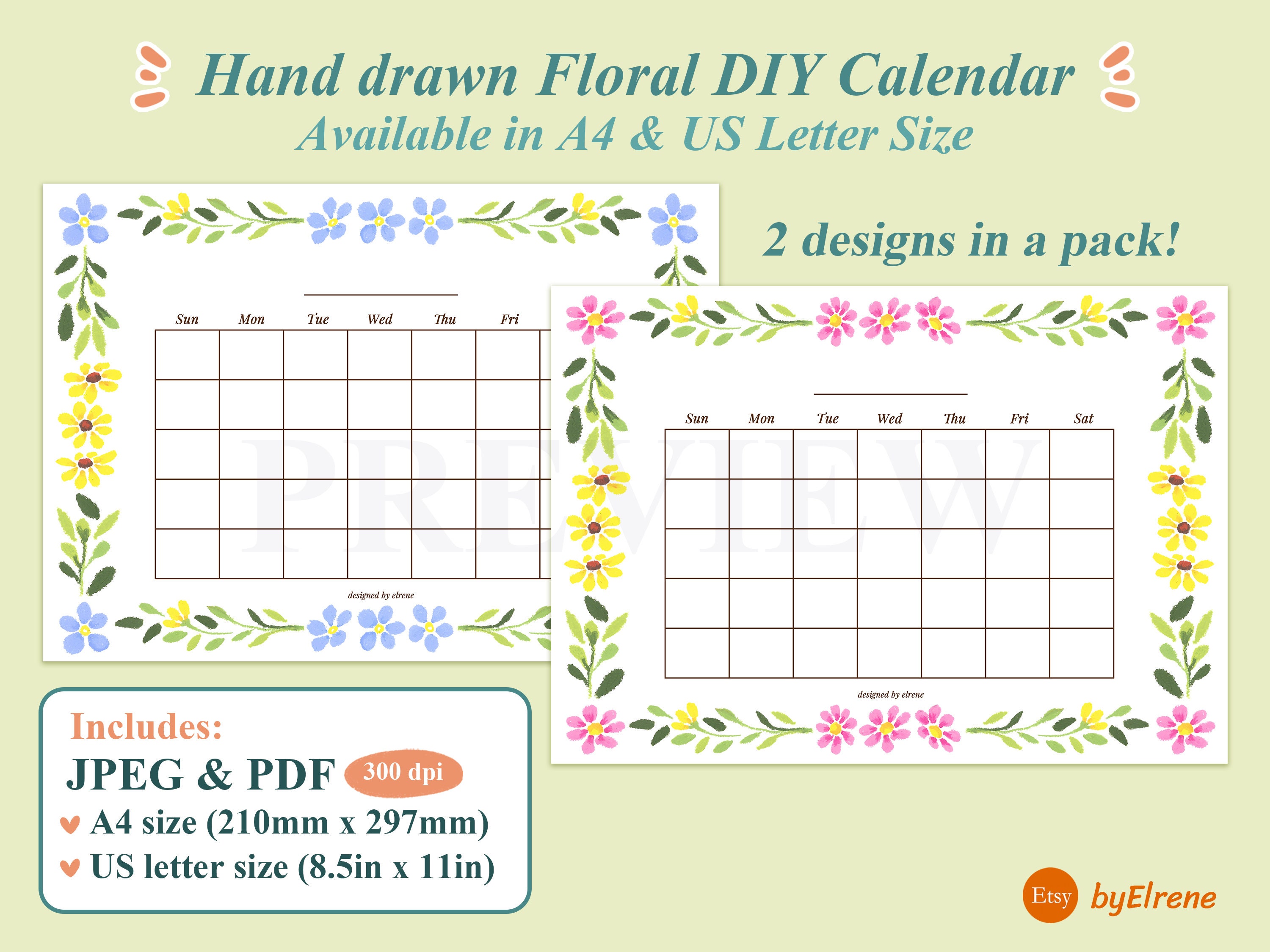 Printable Calendar-floral DIY Calendar Printable Diy Calendar Hand ...