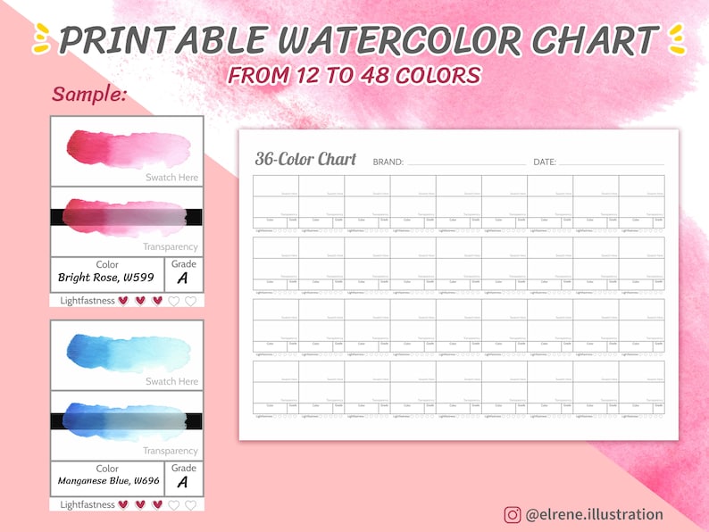 Printable Watercolor Chart- 12/24/36/48 Color Chart | Digital Download ...