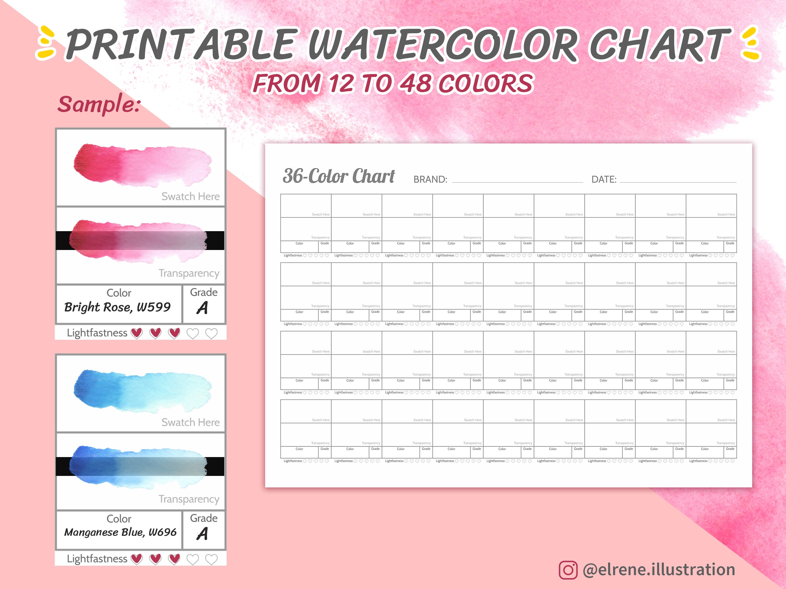Printable Watercolor Chart- 12/24/36/48 Color Chart | Digital Download ...