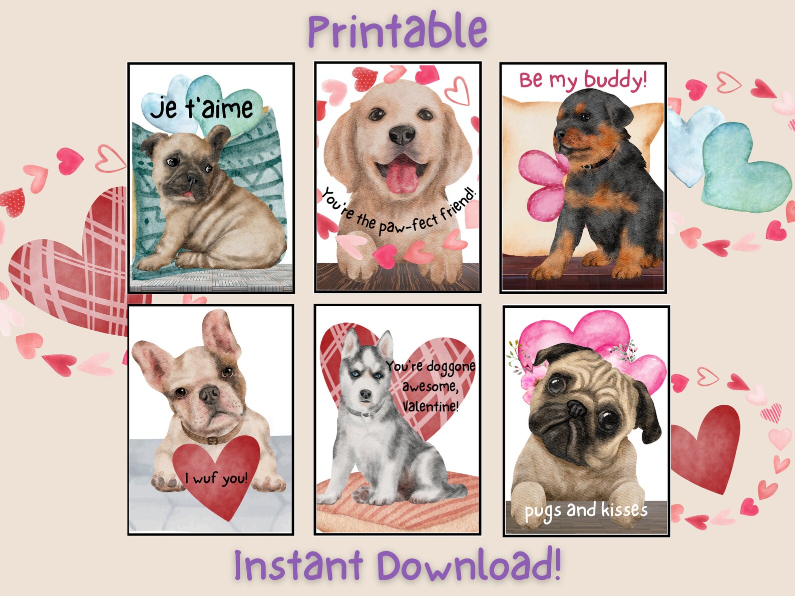 Printable Puppy Valentine's Day Cards, Puppy Classroom Valentine's Day ...
