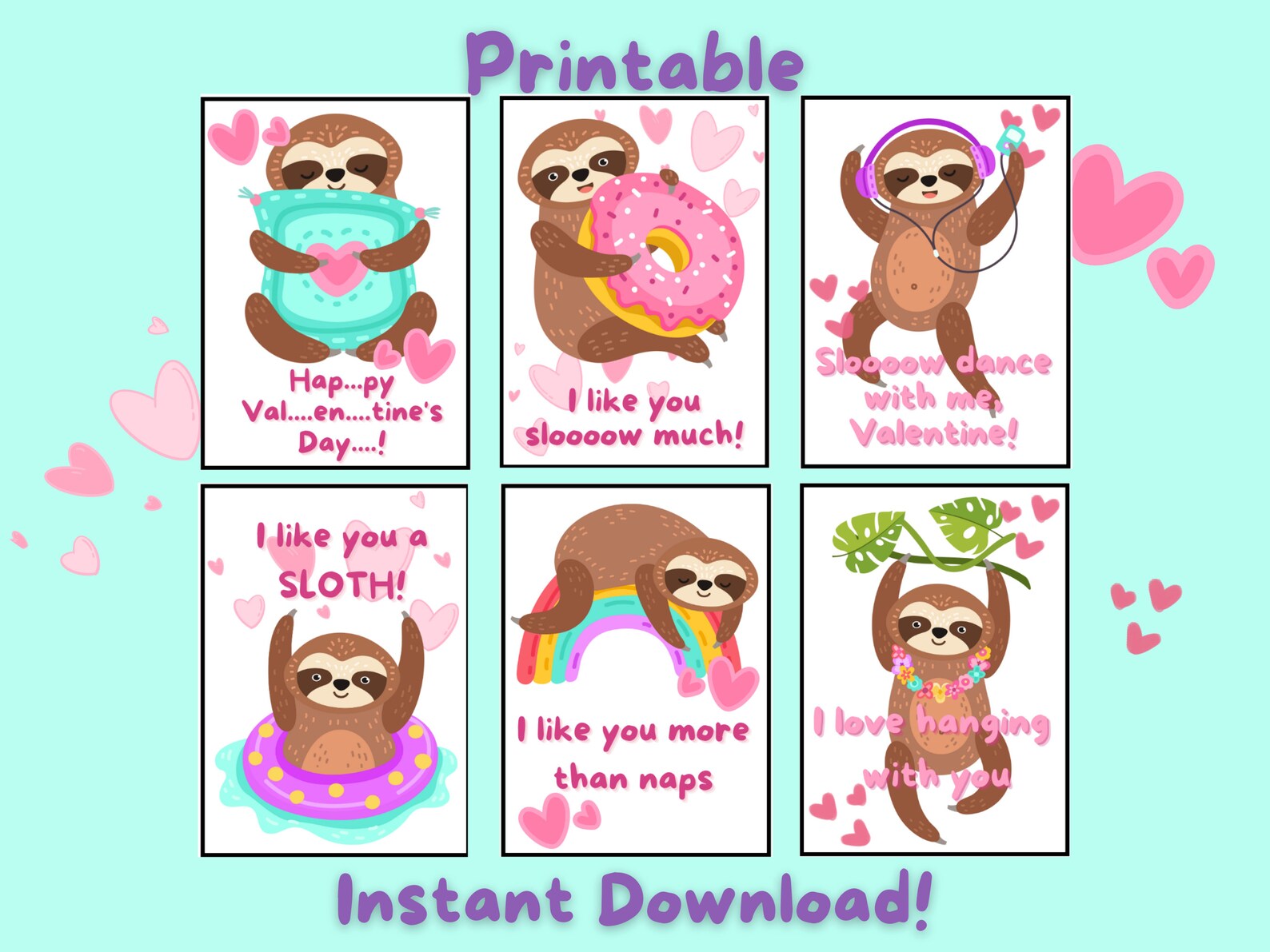 Printable Sloth Valentine's Day Cards, Sloth Classroom Valentine's Day ...