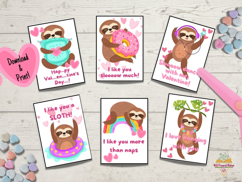 Printable Sloth Valentine's Day Cards, Sloth Classroom Valentine's Day ...