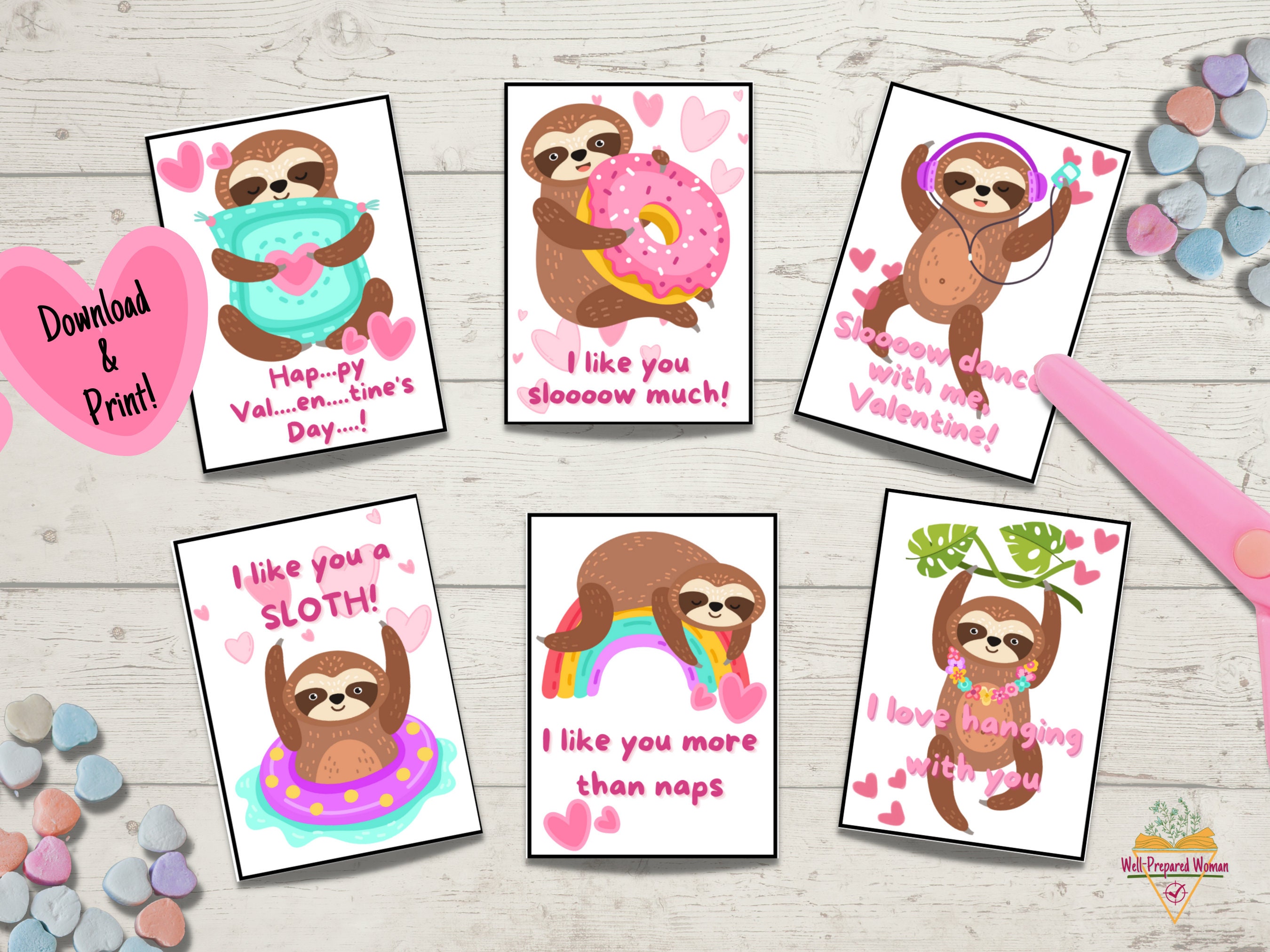Printable Sloth Valentine's Day Cards, Sloth Classroom Valentine's Day ...