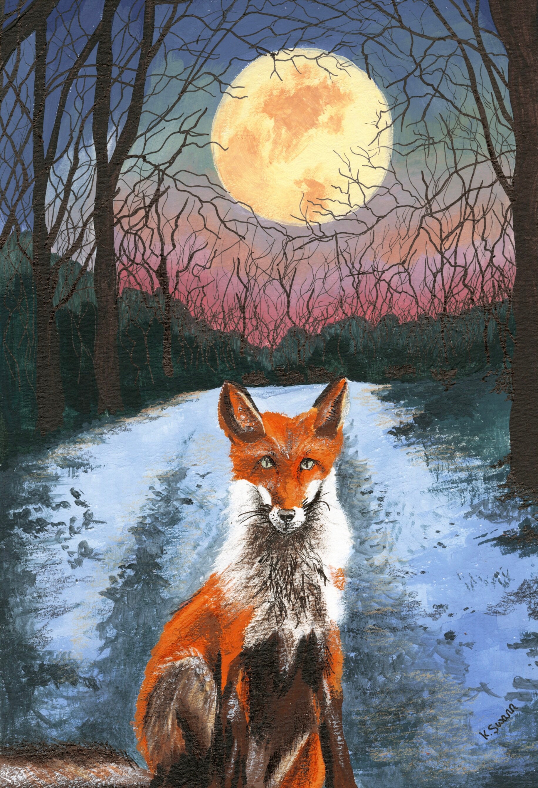 Moon Fox Art Print, Forest Moon Art Print, Fox in Snow Art, Night Fox ...