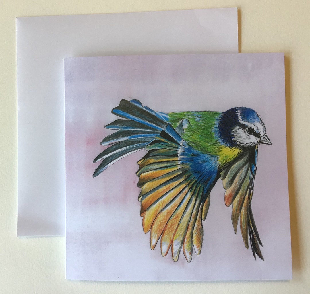 Flying Blue Tit Card, Blue Tit Note Card, Bird Lovers Card, Square Bird ...