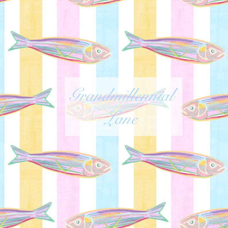 Sardine Pattern Watercolor Grandmillennial Pastel Seamless Pattern - Etsy