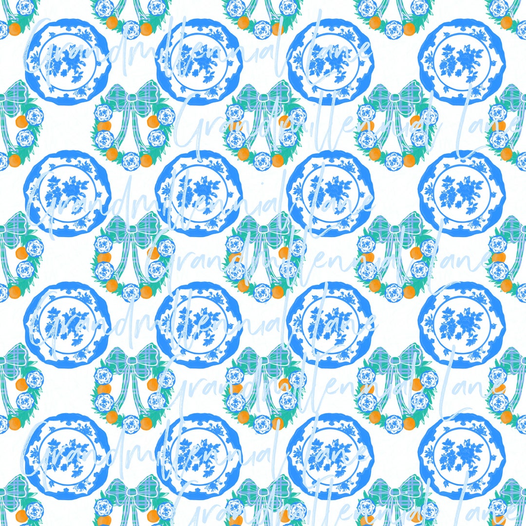 Chinoiserie Blue Plates and Wreaths Grandmillennial Seamless Pattern ...