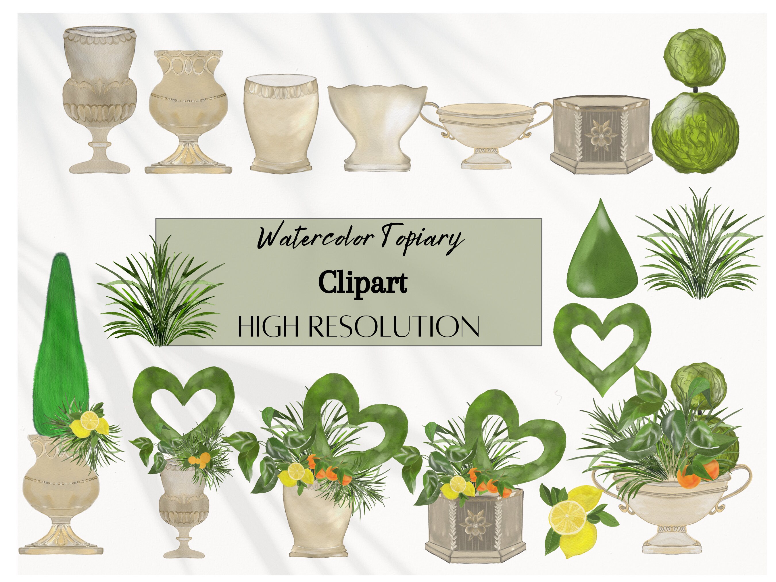 Greenery Topiary Embroidery Clip Art, Hand Painted Watercolor Tree ...